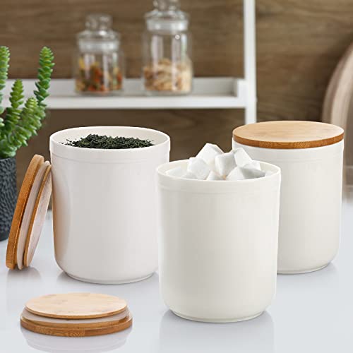 AVLA 3 Pack Ceramic Food Storage Jars with Bamboo Lids, 36 FL OZ White Kitchen Canisters Airtight Container for Serving Ground Coffee, Cookie, Tea, Sugar, Salt, Spices, Flour