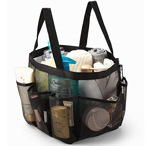 iPEGTOP Portable Mesh Shower Caddy, Quick Dry Shower Tote Hanging Bath & Toiletry Organizer Bag with 9 Storage Pockets, Double Handles for College Dorm, Travel, Gym & Camping, Black