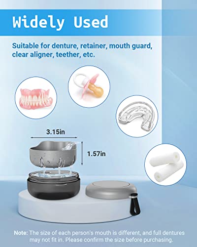 Denture Bath Case, Denture Cup, Leak Proof Portable Retainer Case, Denture Cleaning Kit with Cleaner Brush, Denture Box with Strainer & Mirror, Denture Case for Aligner Retainer Mouth Guard