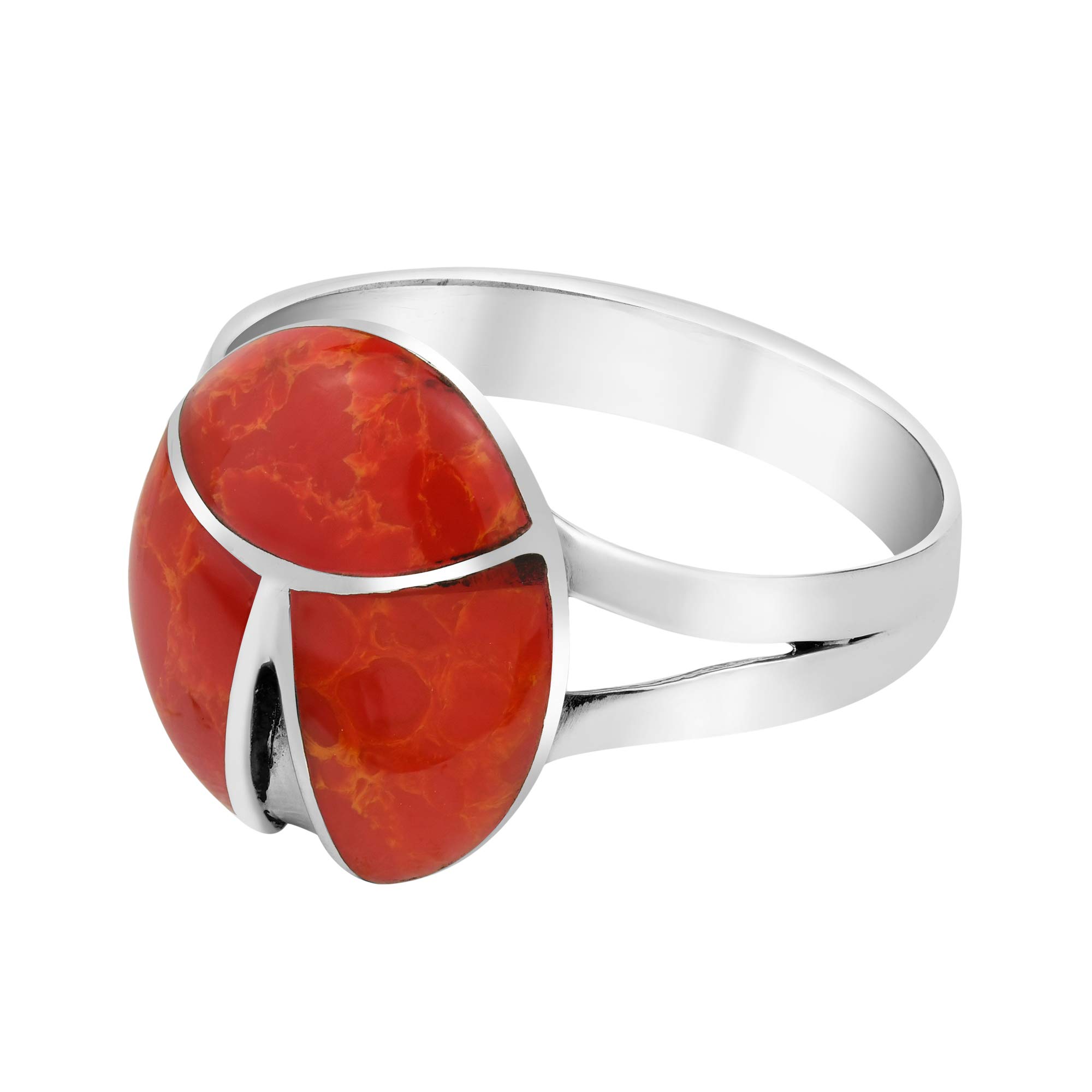 AeraVida Minimalist Ladybug Inspired Reconstructed Red Coral Inlay .925 Sterling Silver Ring red