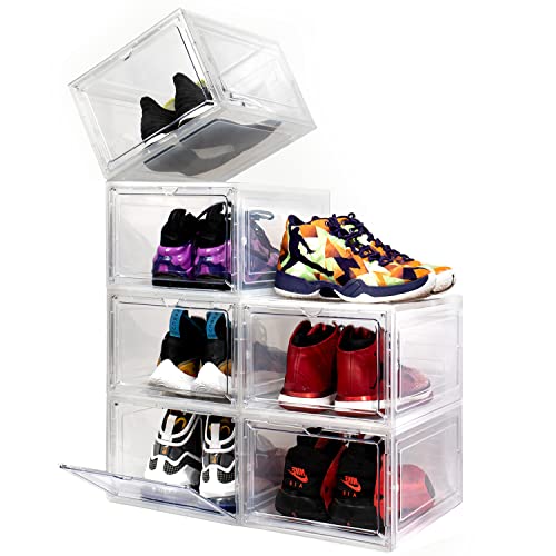 Drop Front Shoe Storage Box, Set of 6 Shoe Boxes Clear Plastic Stackable with Acrylic Lids, Shoe Organizer Containers for Closet, Shoe Case for Display Sneakers, Fit up to US Size 12 (XL, Clear)