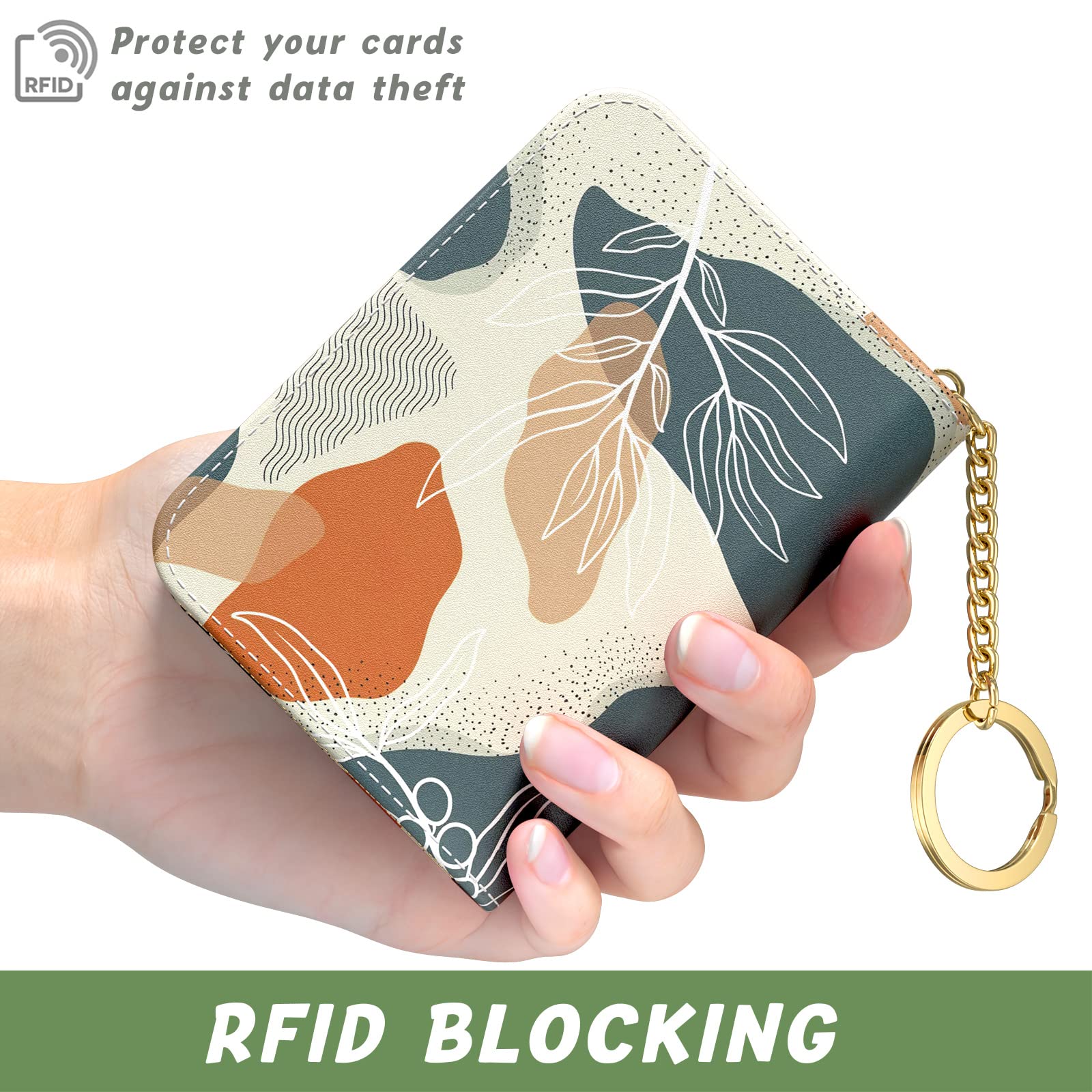 Aiawoxc Credit Card Holder, Small RFID Card Wallet Slim Leather Card Organizer Case with Zipper & Keychain, Abstract Boho Leaves
