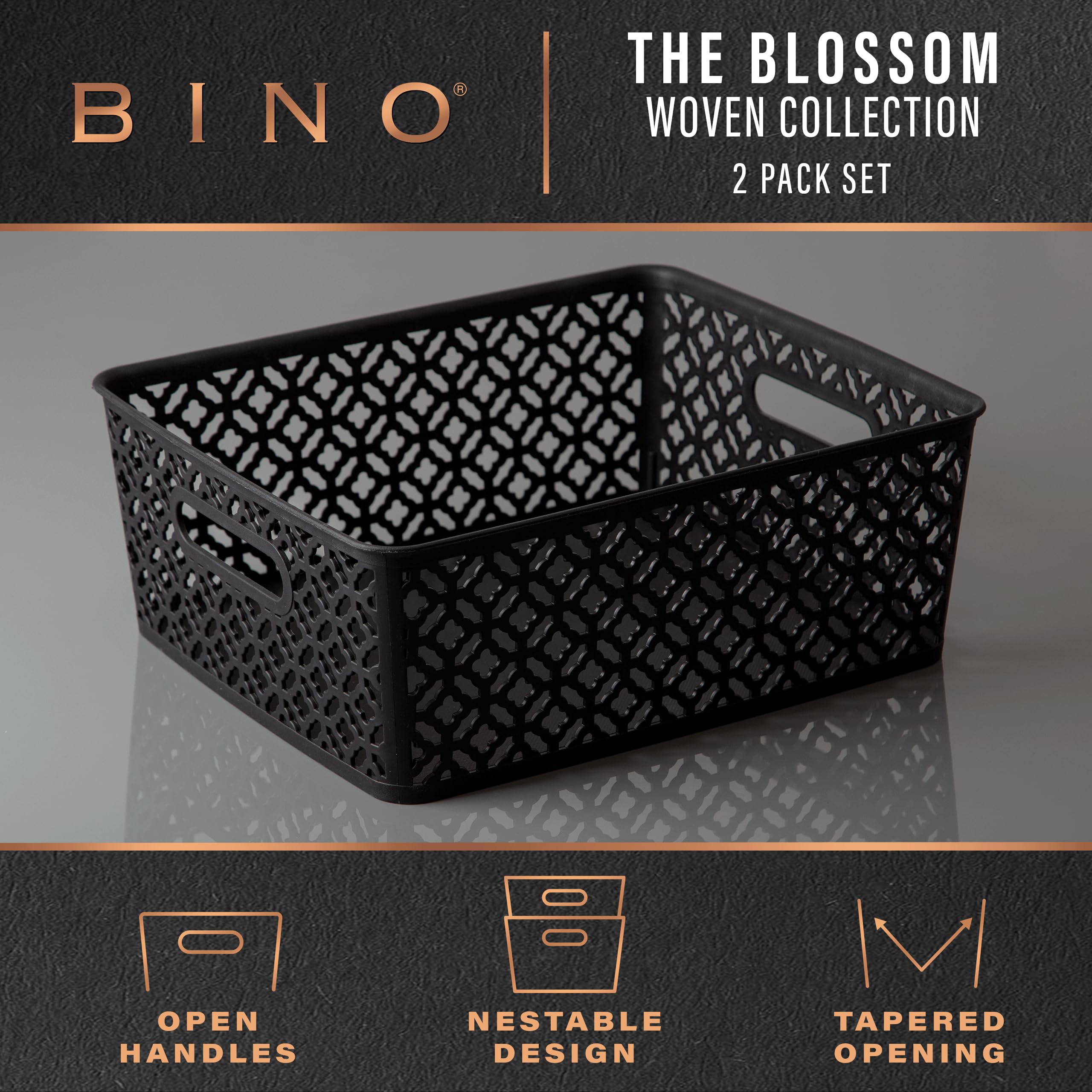 BINO l Plastic Storage Baskets, Large - Black | THE BLOSSOM COLLECTION l Multi-Use Organizer Bin l Built-in Handles l Plastic Woven Basket for Organizing l Pantry & Home Organizing Basket
