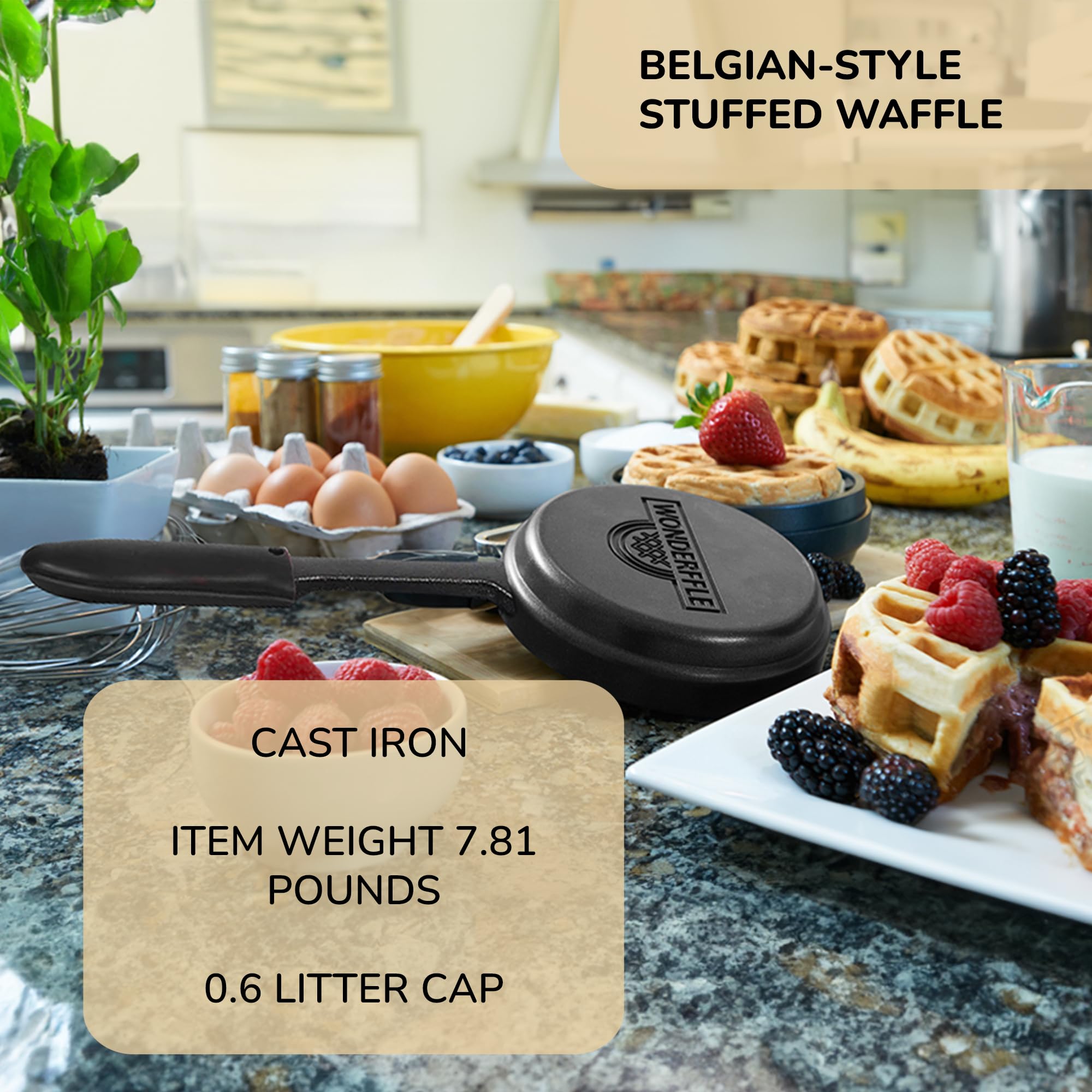 Cast Iron Stuffed Waffle Iron - Pre-Seasoned, 5" Dia, 2" Thick Round - Non-Stick Belgian Waffle Maker w/Heat-Resistant Handles β Classic Waffle Maker Compatible w/Gas, Electric, Induction & More