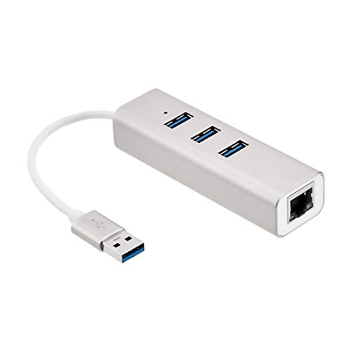 Amazon Basics Aluminum 3-Port USB 3.0 Hub with 10/100/1000 Mbps RJ45 Gigabit Ethernet Port, Silver
