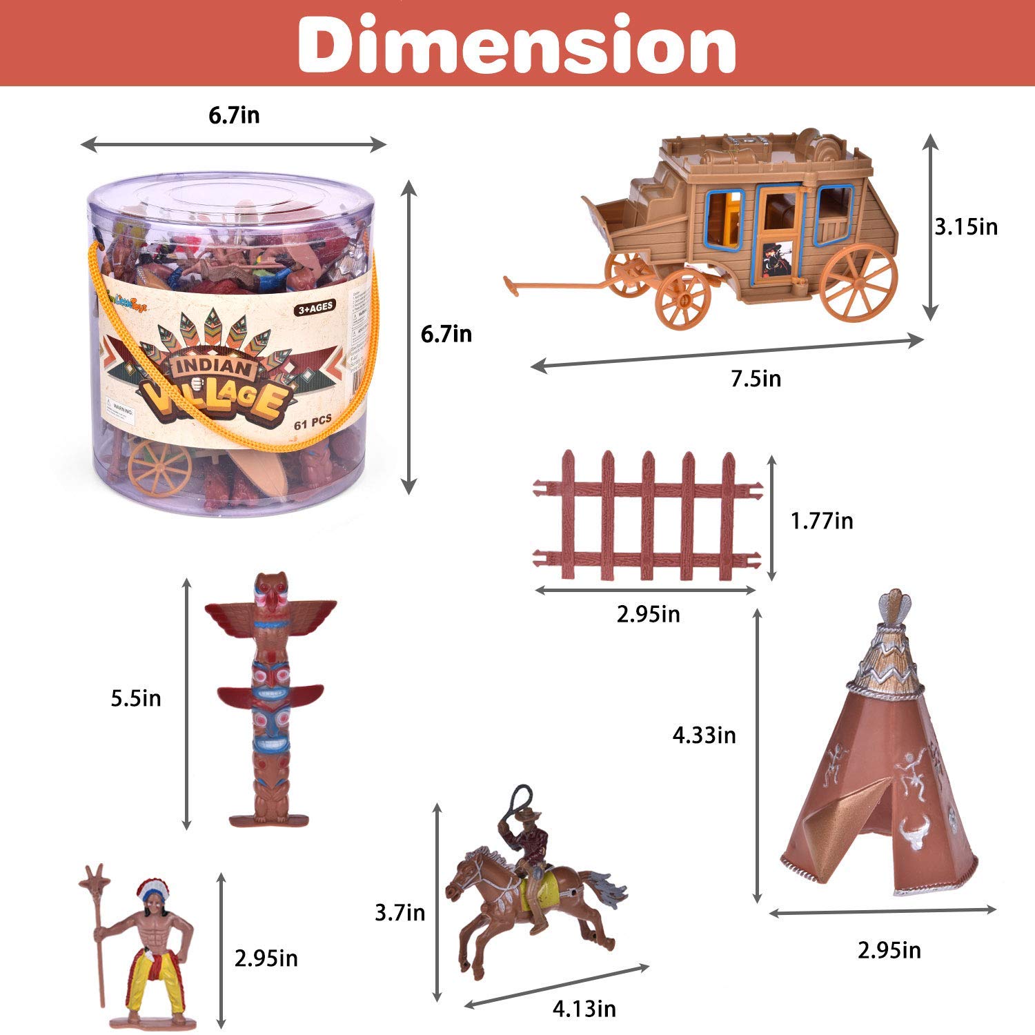 FUN LITTLE TOYS 61 PCs Wild West Cowboys and Indians Plastic Figures Toys, Toy Soldiers for Kids, Wild West Figure Playset with Horse, Tent, Army Men Boy's War Game, Educational Toys, Birthday Gift