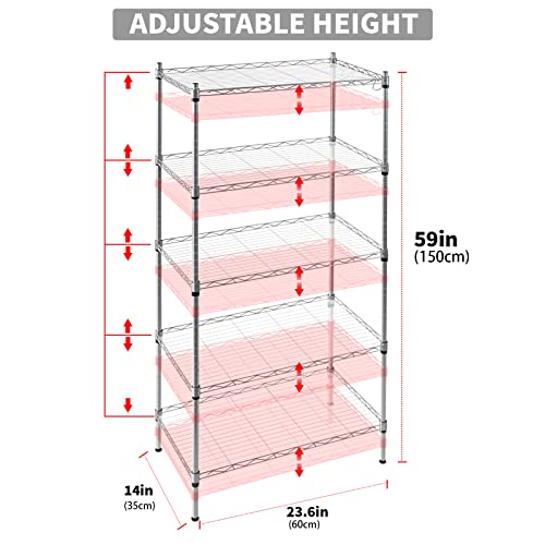 Mogusier 5-Tier Wire Shelving Rack Adjustable Metal Shelf Storage Rack 23.6x14 x59 in Kitchen Bathroom Steel Storage Organizers