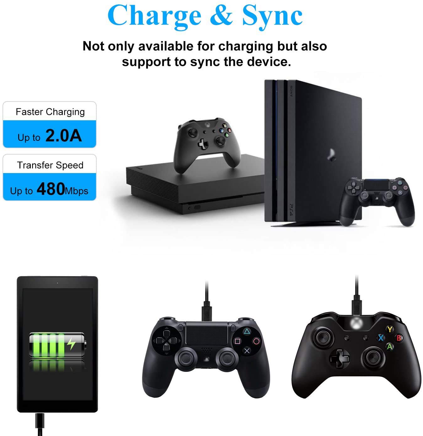 Akingdleo Replacement Xbox one Controller Charging Cable,5FT Micro USB Charge and Play Data Sync Cord compatible for Xbox One S/X Elite Dualshock 4 Controller