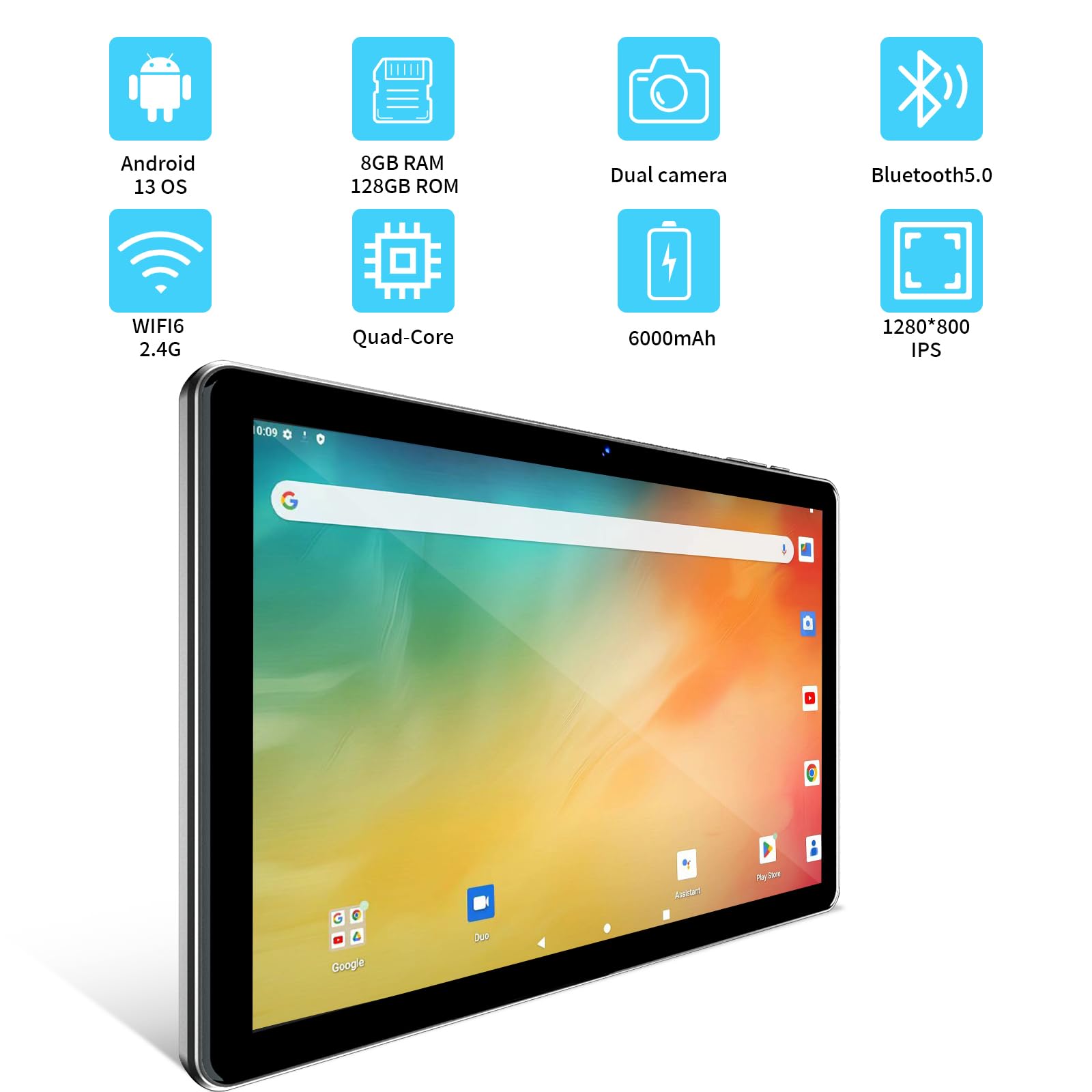 Android 13 Tablet 10 inch Tablets with 8GB RAM 64GB ROM 1TB Expand, 1280x800 IPS Touchscreen, WiFi 6, Dual Camera, 6000mAh Battery, GMS, Quad-Core, Bluetooth 5.0 (Black)