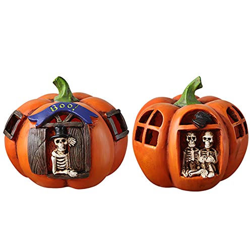 Halloween Resin Pumpkin Lanterns, Desktop Led Skull Lights, Outdoor and Indoor Holiday Party Decorations, Garden, Garden and Terrace Home Decoration (2 Pieces)