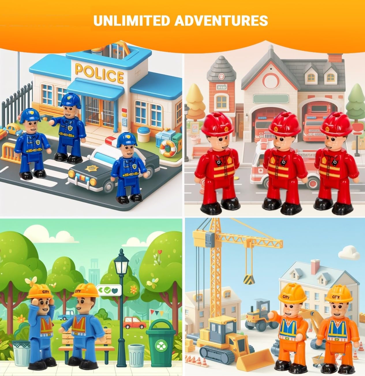 FUNERICA 10-Set Toy People Figures - Bendable Fireman, Police, Construction Workers, Community Helpers, Play Little People Toys Figurines Dollhouse Firefighter playset