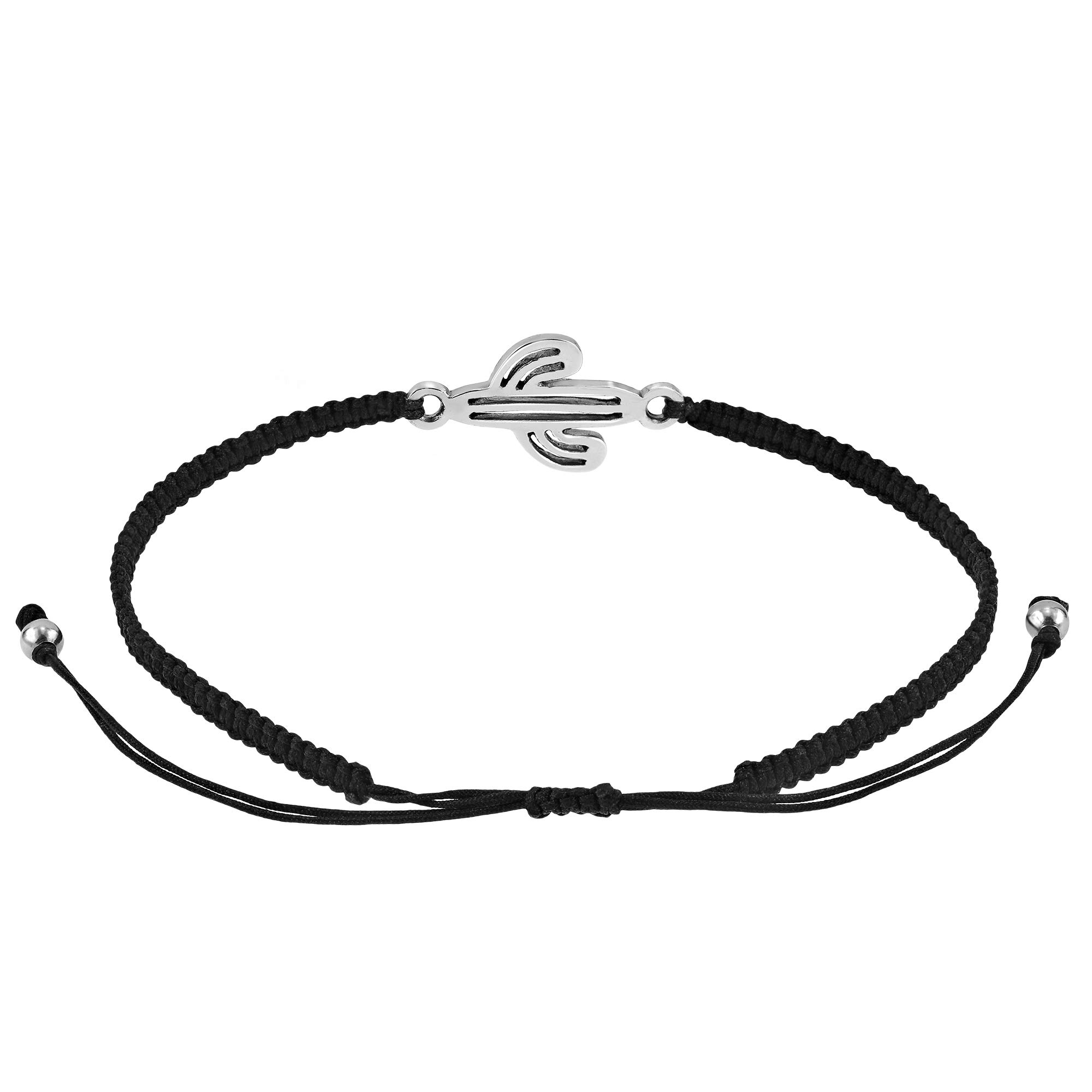 AeraVida Strong and Resilient Desert Cactus .925 Sterling Silver Charm on Cotton Rope Adjustable Pull Slide Bracelet