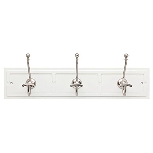 Liberty 22 inch Stylish Wall Mounted White and Satin Nickel Wardrobe Hook Rail/Coat Rack with 3 Pretty Dual Hanger Hooks for Coats, Hats, Scarves, Key • Extra Wide Hanging Space