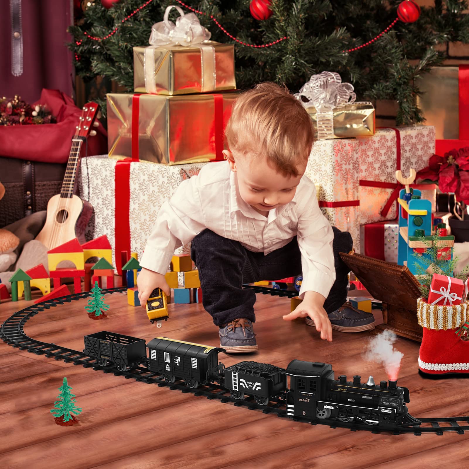 TOYANDONA Electric Train Set, Steam Locomotive Engine Toy Train Set Battery Powered Electric Railway Train Set with Lights and Sounds for Kids