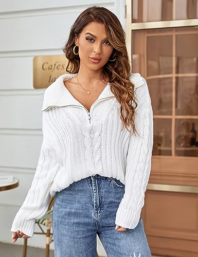 Blooming Jelly Women's Sweater Long Sleeve Quarter Zip Pullover Casual Loose Fit Cable Knit Tops(M,White)