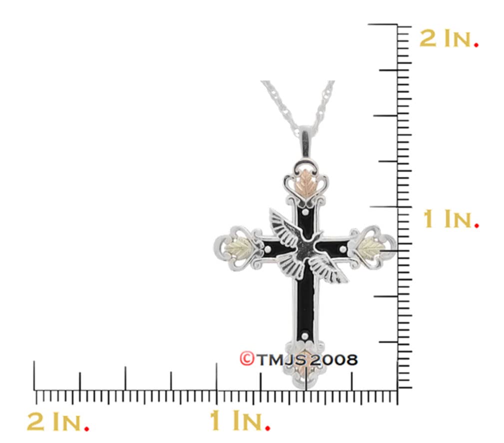 Antiqued Dove Cross Necklace, Sterling Silver, 12k Green and Rose Black Hills Gold 18 Inches