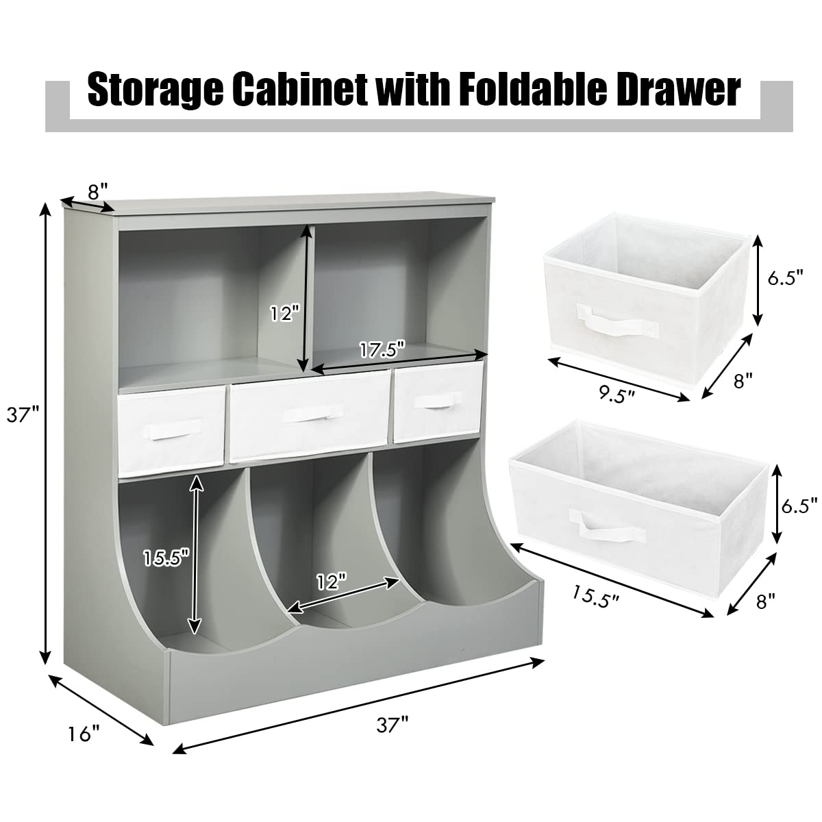 HONEY JOY Kids Toy Storage Organizer with Bookcase, 8-Cubby Organization Storage Cabinet w/Display Shelf & 3 Removable Fabric Bins, Wooden Toy Storage Unit for Playroom, Nursery Daycare(Gray)