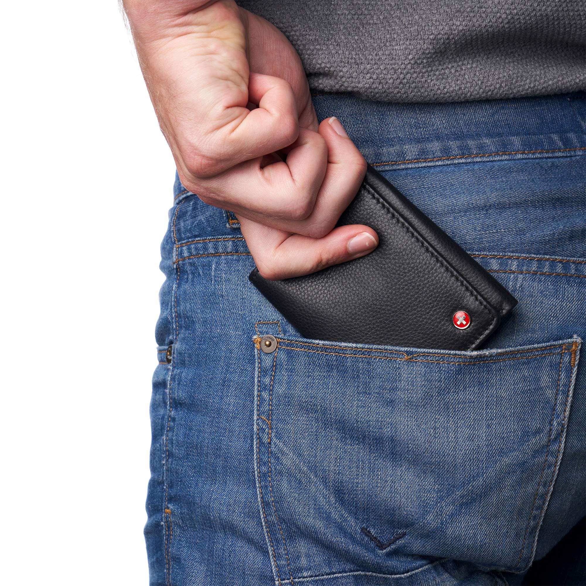 Alpine Swiss Mens Leon Trifold Wallet RFID Safe Genuine Leather Comes in a Gift Box Black