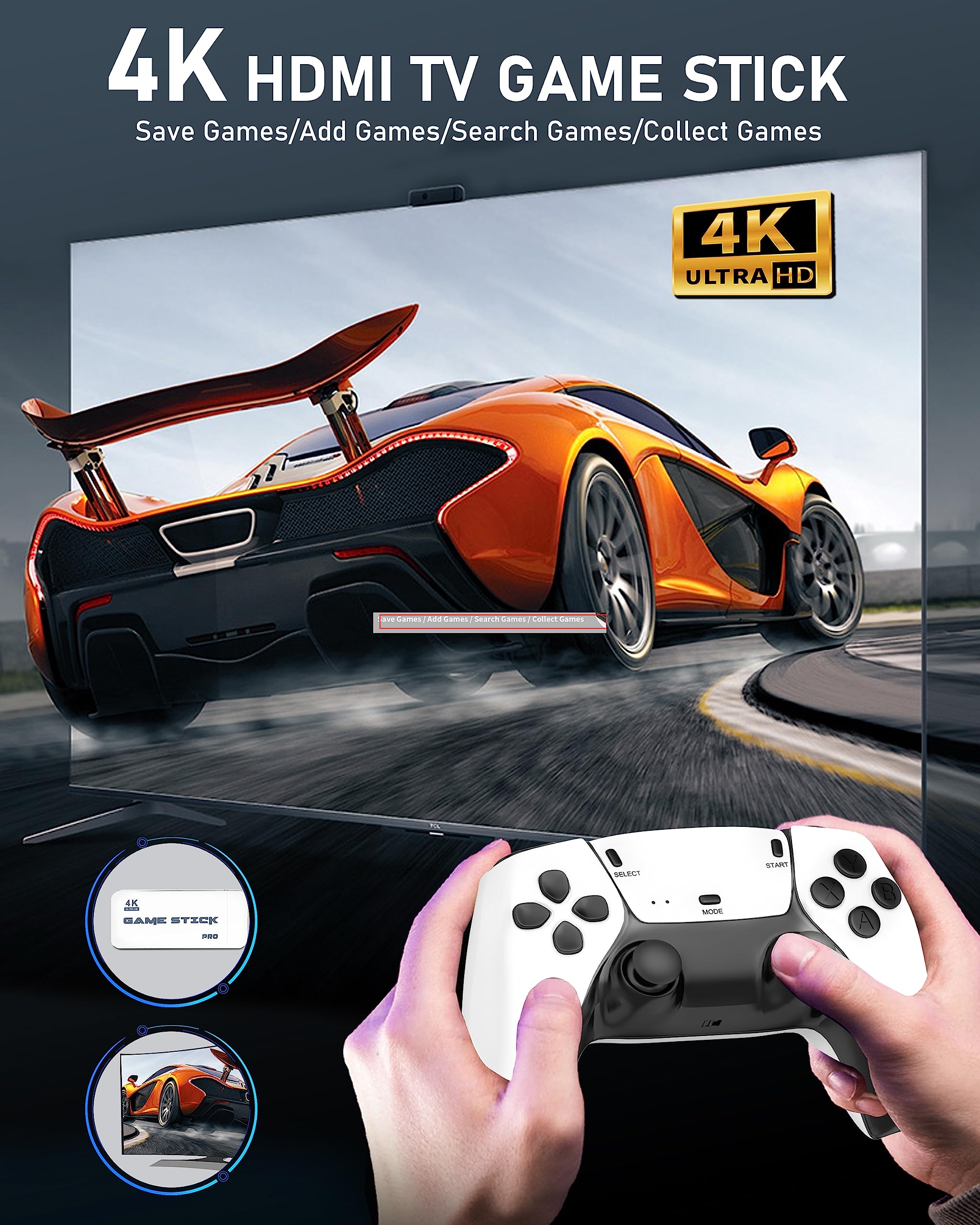 AFU Wireless Retro Game Stick - 20000+ Games, HD Output System Built in 23 Emulators Plug and Play Video Game Consoles with 2.4G Wireless Controllers,64GB TF Card for Gamers of All Ages, White