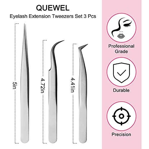 Quewel Eyelash Extension Tweezers Set Eyelash Applicator Tool Curved and Straight pointed Tweezers Lash Extension Supplies Stainless Steel Precision Tweezers Silver (Matte,3 pcs)