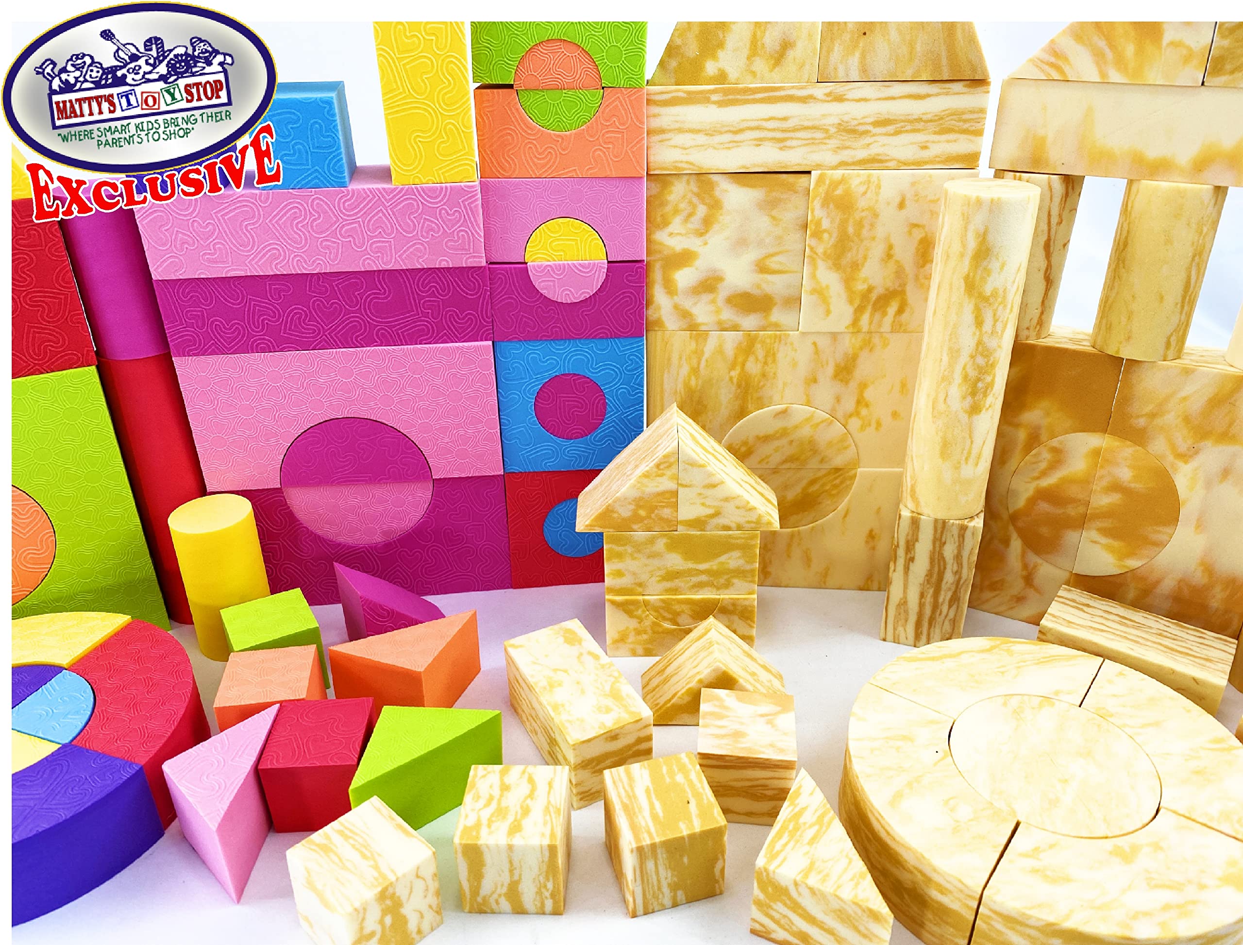 Matty's Toy Stop Deluxe EVA Soft Foam Colorful Building Blocks (52 PCS) & Wood Grain Soft Building Blocks (52 PCS) Gift Set Bundle with Carry Cases - 2 Pack (104 PCS Total)