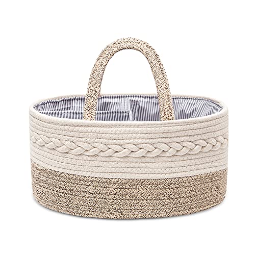 JiA QAQ Baby Diaper Caddy Organizer, Portable Cotton Rope Woven diapers Caddy-Nursery Storage, DIY Basket with Changeable Compartments, Newborn Shower Gift Tote Bag Yellow