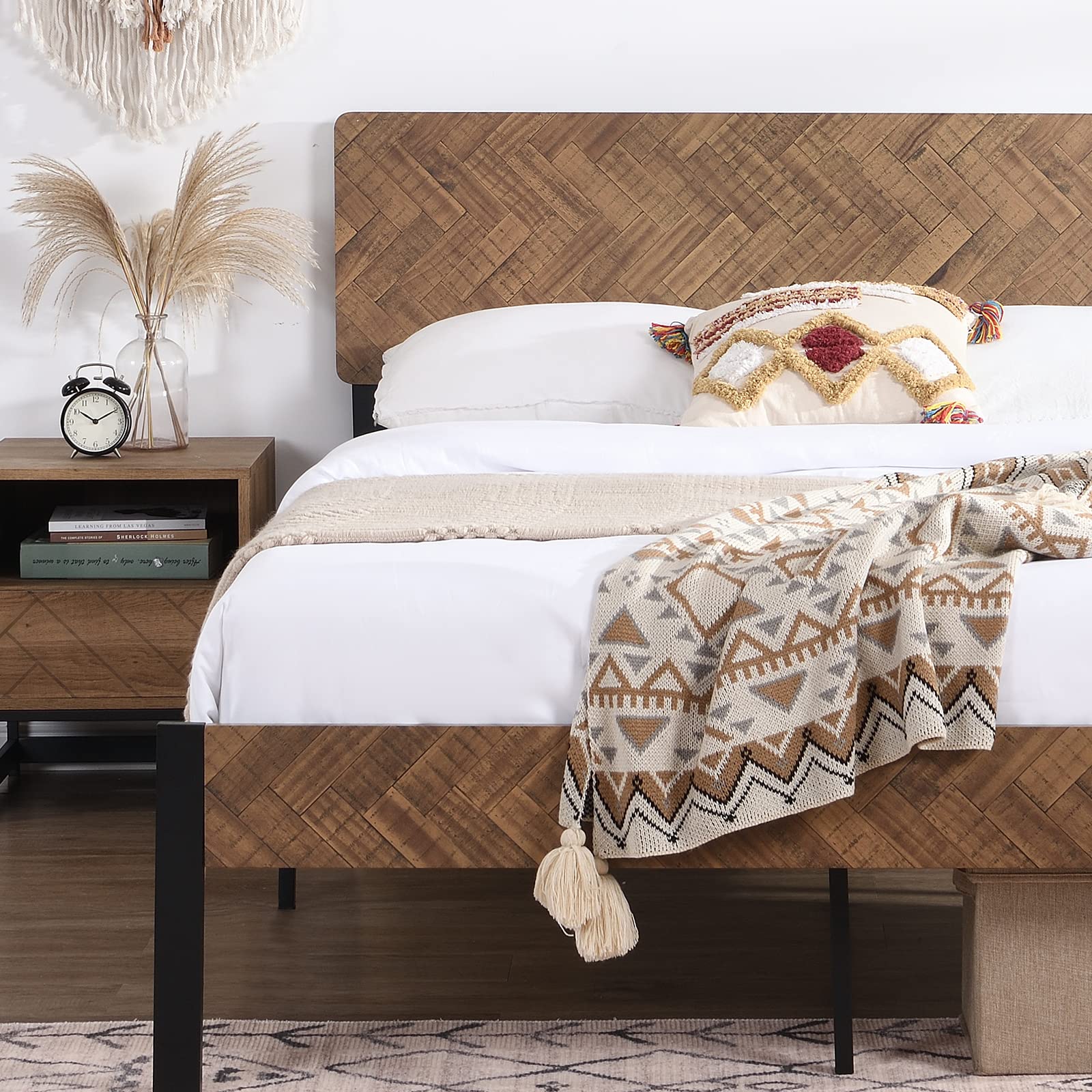 ANITA Twin Size Bed Frame with Wood Headboard, High Profile Platform Bed Frame 12.4 inch Storage Underneath/Metal Slat Support/Rustic Boho Style