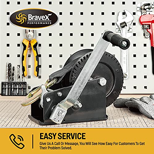 Bravex Boat Trailer Winch 3500lbs with 33ft Strap, Heavy Duty Hook Portable Hand Winch, Two Way Ratchet Manual Winch for SUV ATV UTV for 4:1/8:1 Gear Crank Winch (3500lb with Cable Black Winch)
