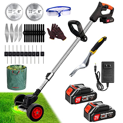 Cordless Weed Wacker, Electric Weed Eater Battery Powered 21V 2Ah, Lightweight Grass Trimmer/Lawn Edger/Mower/Brush Cutter, Push Wheeled No String Trimmer(5 Types Blades, Weeder Tool, Garden Yard Bag)