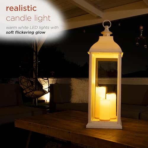 Alpine Corporation 28" Tall Outdoor Battery-Operated Lantern with LED Lights, White