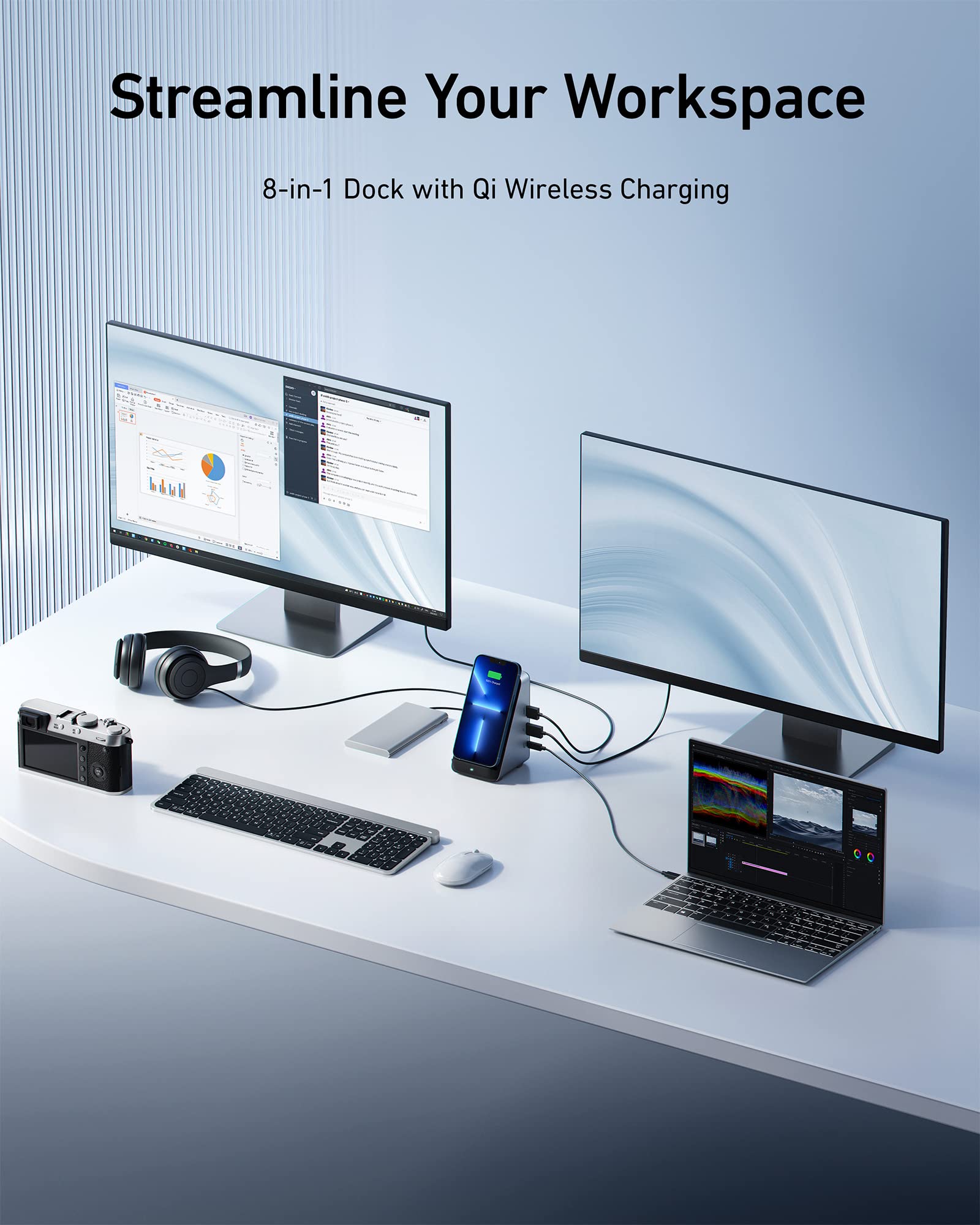 Anker 651 USB-C Dock, 8-in-1 Docking Station, Qi-Certified 10W Max Wireless Charging, Single 4K, Dual 2K Display, Compatible with iPhone 13/12 Series, Samsung S22, Pixel 4/3, and More