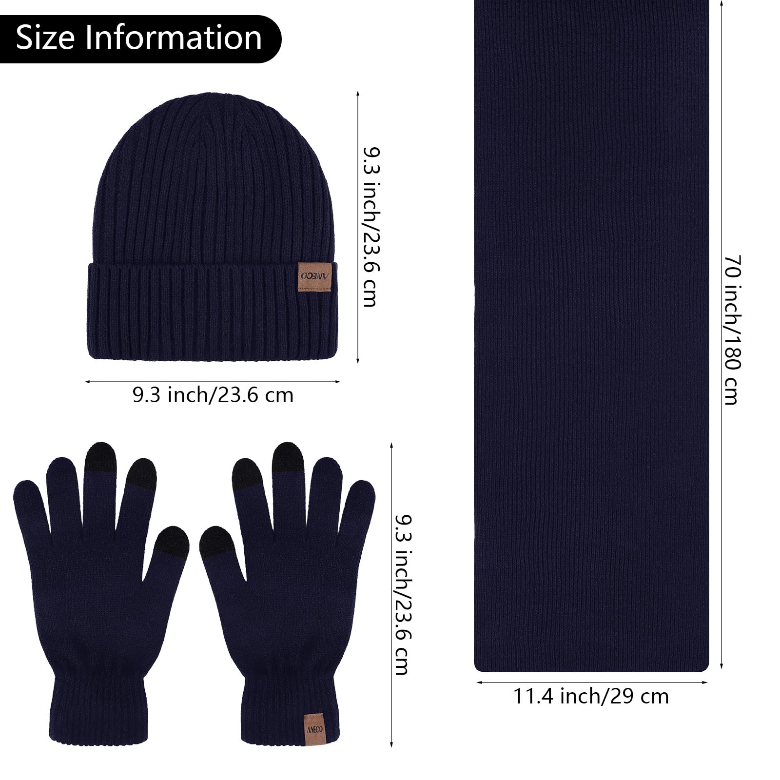 Aneco Winter Beanie Hat Set for Men 4 Pieces Knit Glove Scarf Beanie Hat Earmuffs Set for Men Women