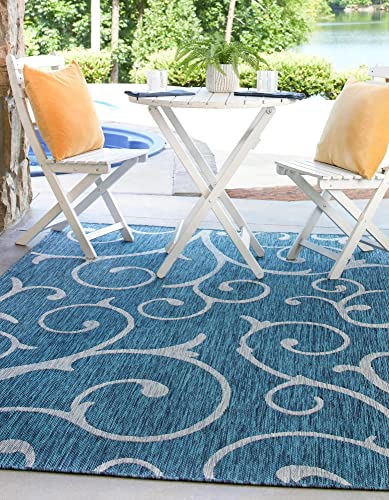 Unique Loom Outdoor Botanical Collection Area Rug - Curl (7' 1" x 10' Rectangle, Teal/ Ivory)
