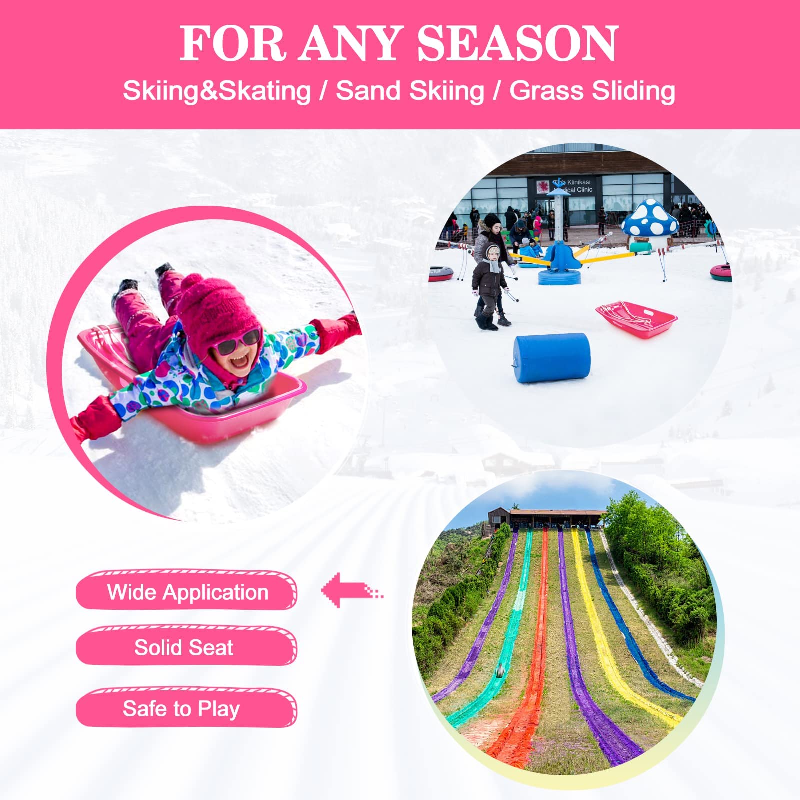 AGPTEK 25.6 Inch Durable Downhill Sprinter Toboggan Snow Sled for Boys Girls with Built-in Handles and Pulling Rope (Pink)