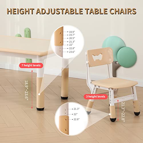 JIAOQIU Kids Table and Chair Set Height Adjustable Toddler Table and 4 Chairs Set Kid Activity Art Table Plastic Children Study Table for School Home Graffiti Table for Ages 2-12 Wood Grain Burlywood