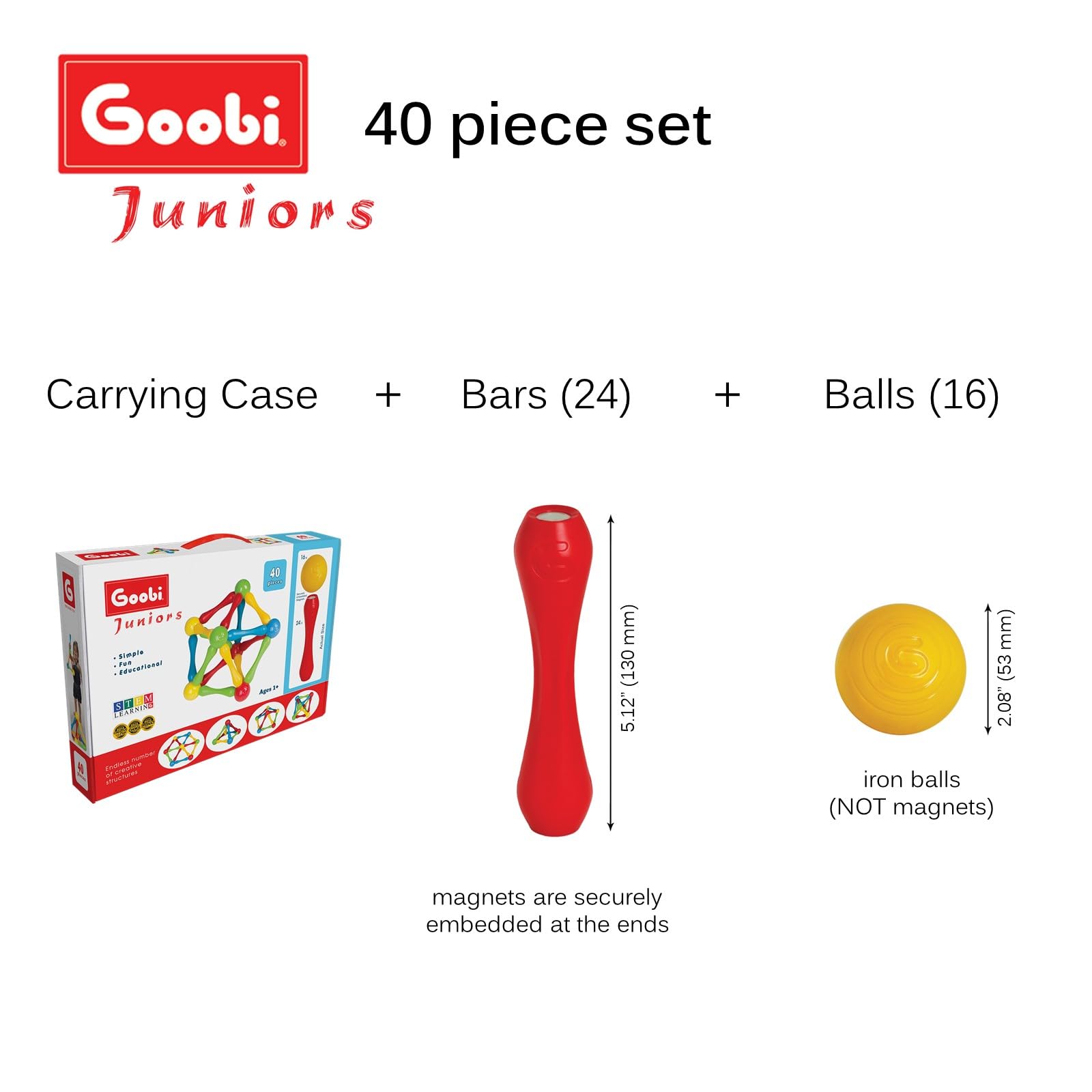Goobi 40 Piece Construction Set Large Building Blocks Developmental Play Magnetic Sticks STEM Learning Colors Creativity Imagination 3D Puzzle Educational Toys for Ages 1 2 3 Year Toddlers Preschool