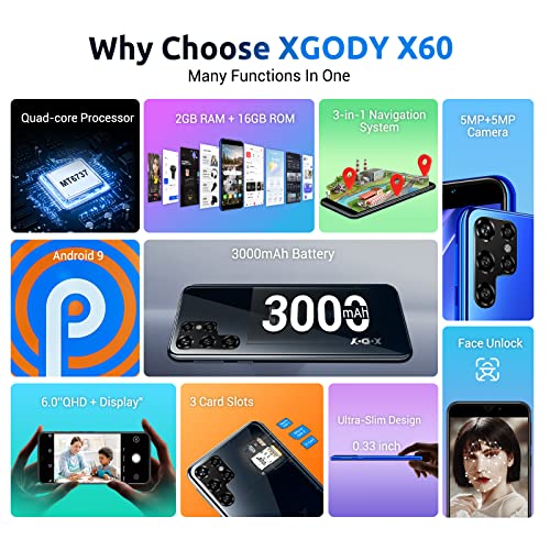 Xgody X60 4G Unlocked Phones, 6'β QHD Waterdrop Screen Dual Sim Unlocked Cell Phones, Quad-core 2GB+16GB Smartphones, 3000mAh Battery, Face Unlock, AI Camera 5MP+5MP Cheap Android Phone (Gold)