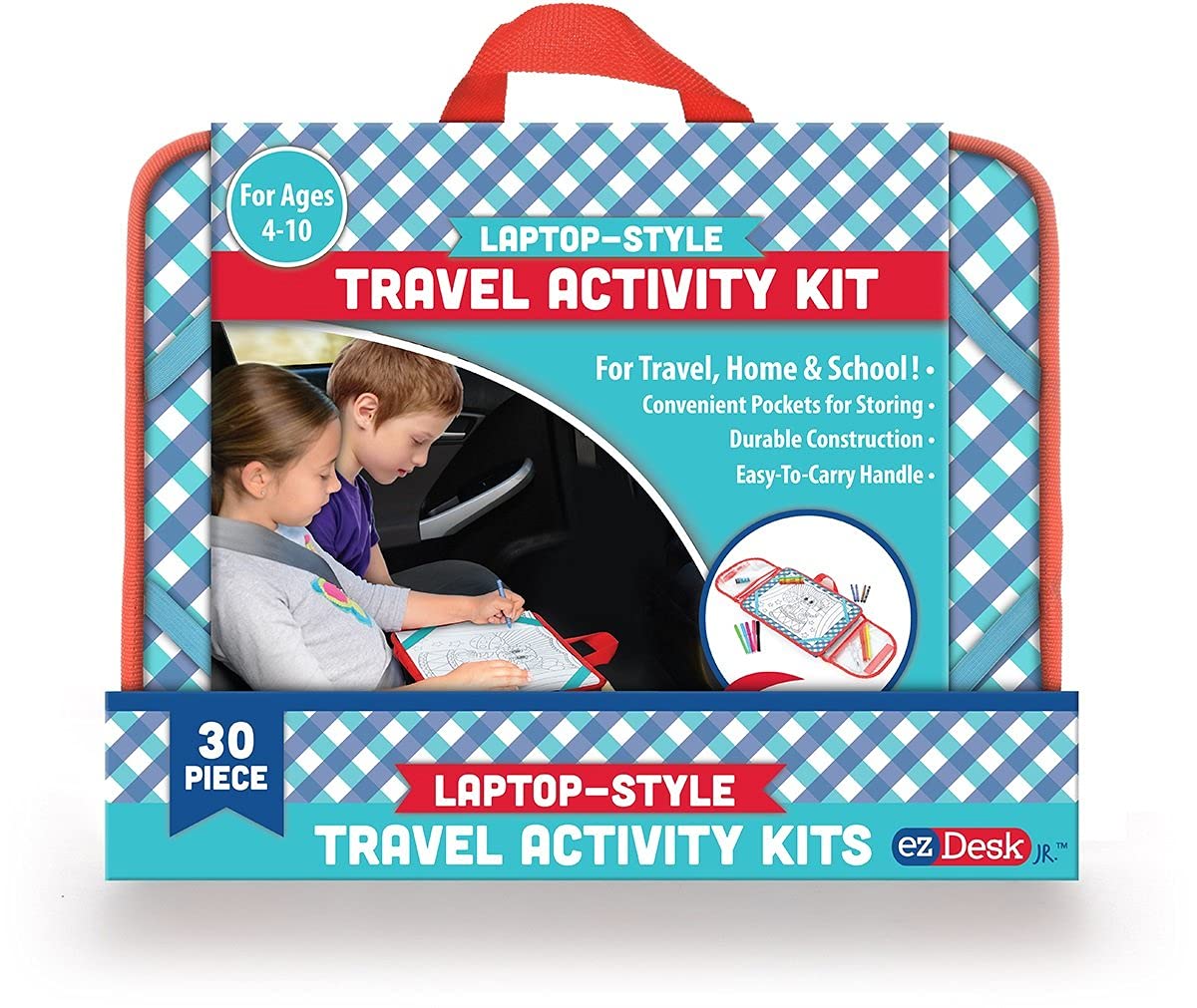 ezDesk Travel Activity Kit, Lap Desk with Cushion, Premium Activity Kit with Writing and Craft Supplies, 30-Piece Set, 12" x 19", Multicolor