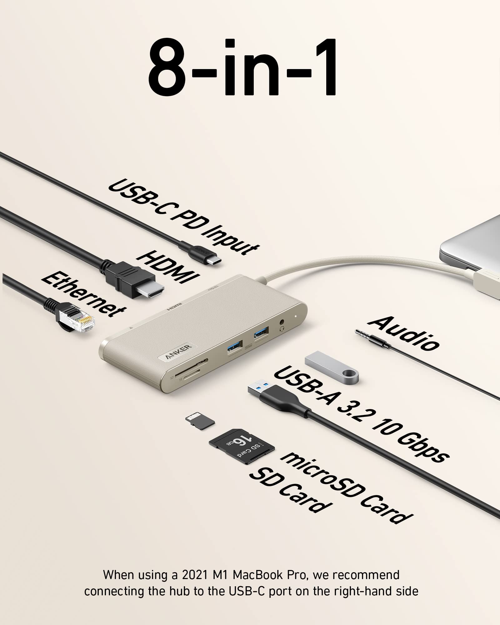 Anker USB C Hub, 655 USB-C Hub (8-in-1), with 2 USB-A 10 Gbps Data Ports, 100W Power Delivery, 4K HDMI, 1 Gbps Ethernet, microSD and SD Card Slots, 3.5 mm AUX, for MacBook, and More (Earthy White)
