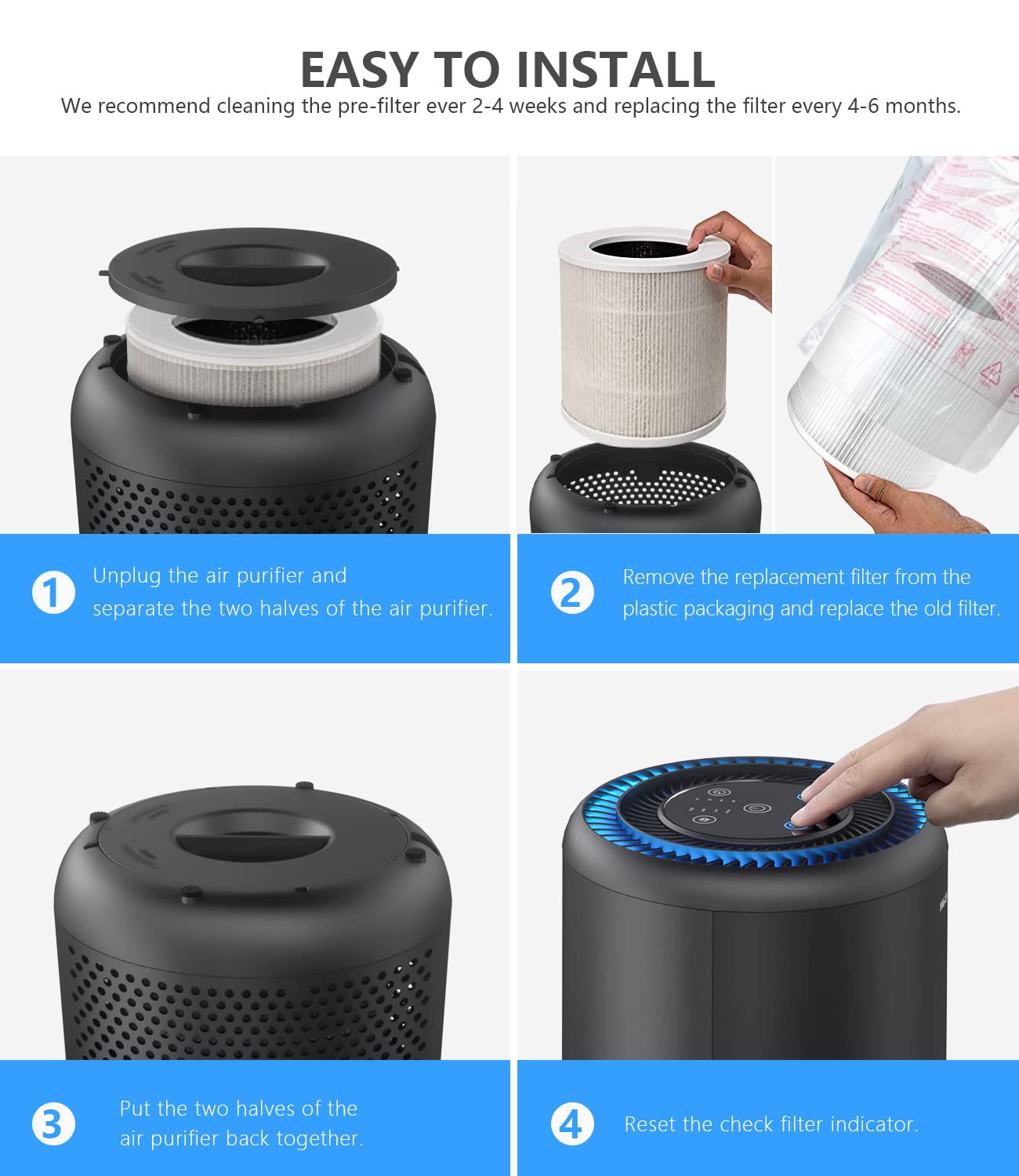 HEPA Air Purifiers for Home with UV Light, WeGuard AP-T10 H13 True HEPA Filter Removes Hair, Dander, Dust, Bacteria, Viruses, Smoke, Mold, Pollen, Allergens, Odor, Quiet Mode, Ozone Free
