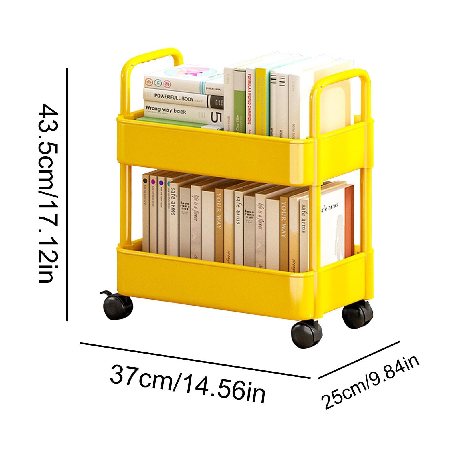 ANZAGA Bookshelf Cart, 2 Tier Rolling Cart Book Organizer, Movable Bookshelf, Rolling Shelf with Wheels & Hooks, Movable Storage Organizer for Home and Office