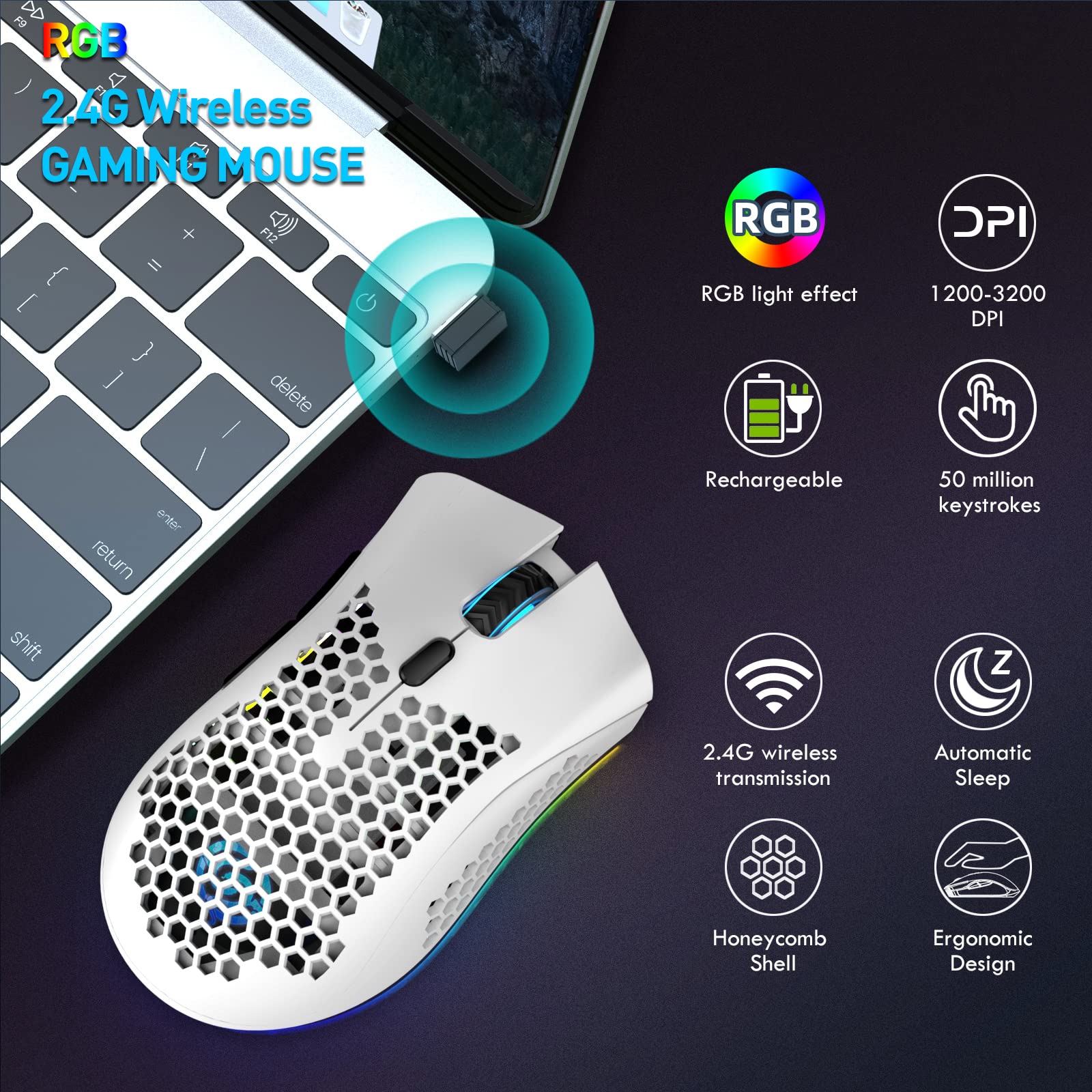HETOETF Wireless Gaming Mouse Lightweight Honeycomb Design, Rechargeable RGB Backlight Computer Mouse with USB Receiver,Adjustable DPI,2.4GHz Wireless Mouse for PC/Mac/Laptop