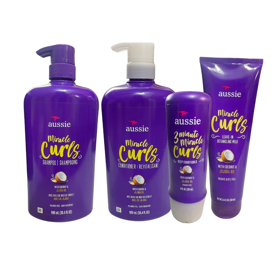 Aussie Miracle Curls Value Bundle 30.4 oz. Shampoo and Conditioner, 8.4 oz Miracle Curls Leave-In Detangling Milk, 8 oz 3 Minute Miracle Curls