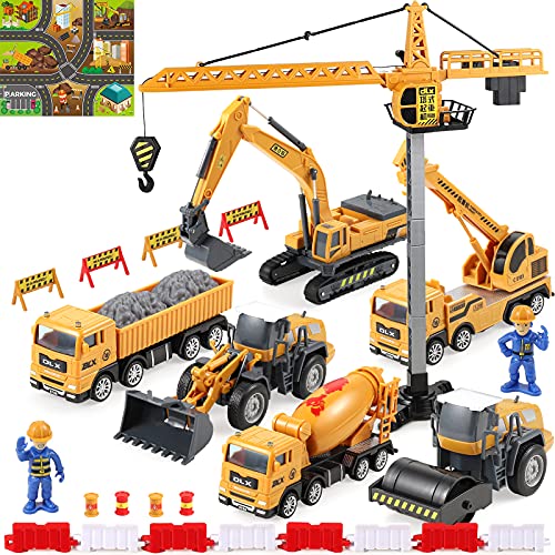 DOLIVE Construction Site Vehicles Toy with Mat, Crane Toy Tractor, Tower Crane Truck, Dump Trucks, Excavator, Cement Mixer Trucks, Kids Engineering Playset for 3+ Year Olds Boys Girls