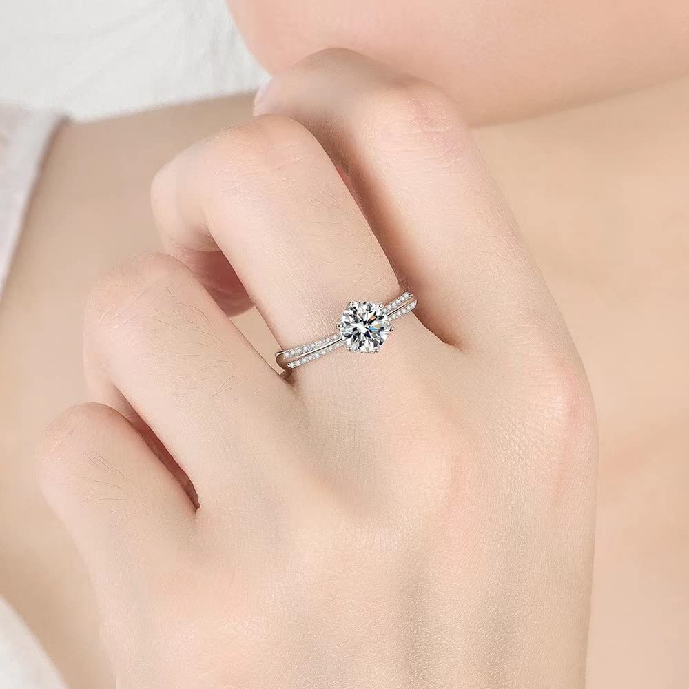 Adjustable Moissanite Ring for Women, Wedding Band 925 Sterling Silver with 18K Gold Plated Lab Created Simulated Diamond Ring, Promise Engagement Rings (2CT Half mountain river)