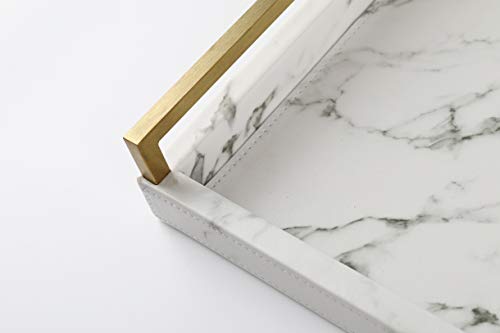 WV Coffee Table Serving Tray Faux Leather White Marble Finish with Brushed Gold Stainless Steel Handle for Living Room (White)