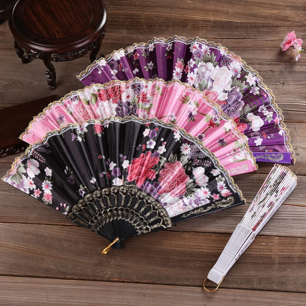 ANTWAX Hand Fan Chinese Style Hand Held Folding Dance Fan Wedding Party Lace Silk Folding Hand Held Flower Fan Summer Wedding Fan Party Foldable Hand Fan