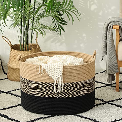 KAKAMAY Large Cotton Rope Blanket Basket (20"x13"),Woven Baby Laundry Hamper,Blanket Basket for Nursery, Laundry, Living Room, Pillows, Toys(Jute/Black)
