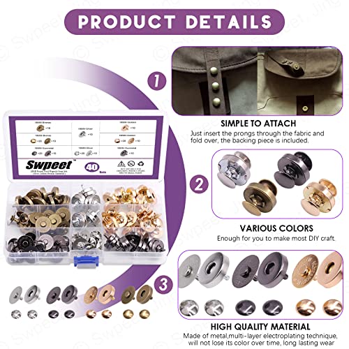 Swpeet 40 Sets 18mm Round Strong Magnetic Button Clasps Snaps, Metal Fastener Clasps Gold Silver Bronze Black DIY Craft Sewing Knitting Buttons Sets for Sewing, Purses, Bags, Clothes, Leather
