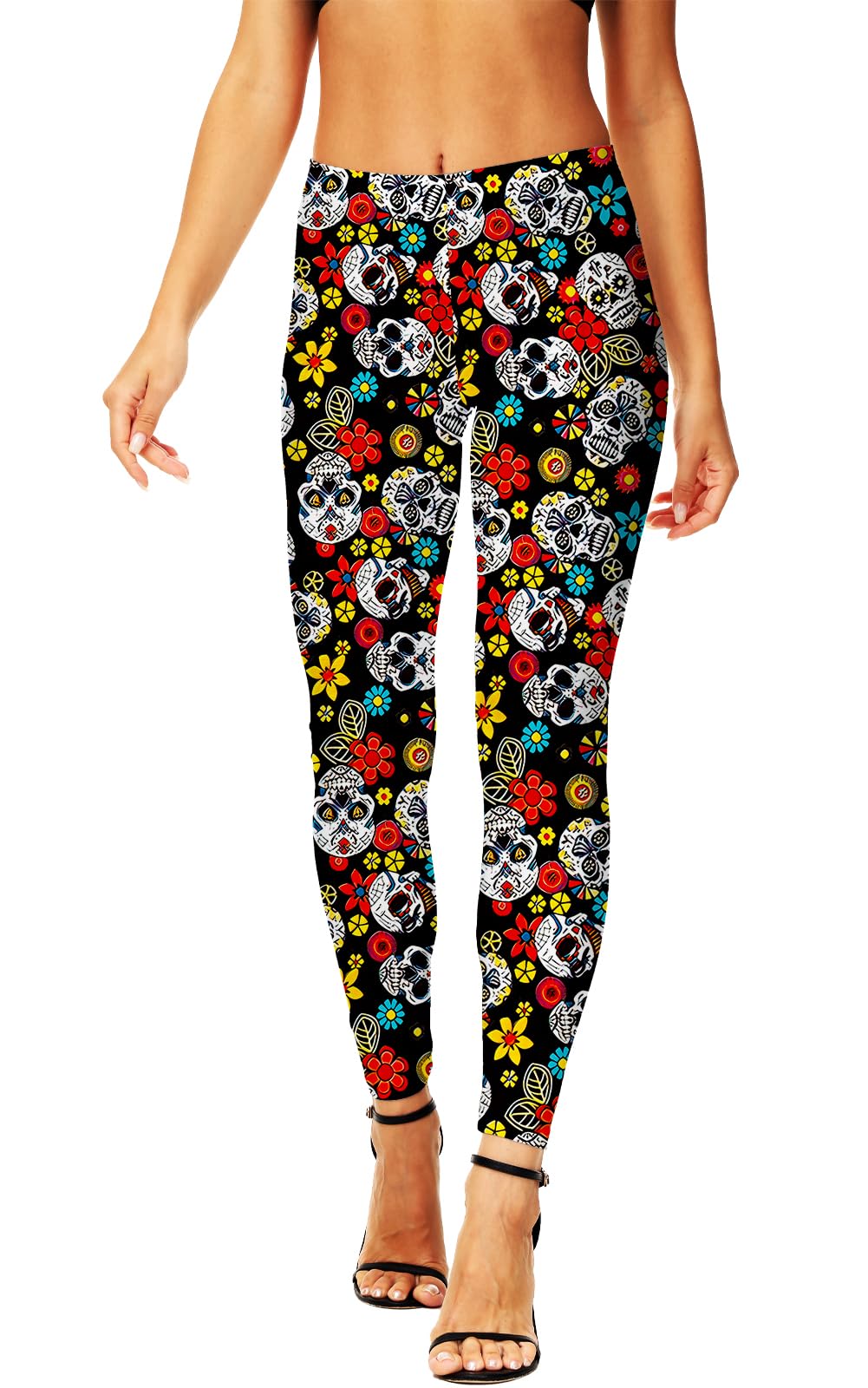 AOBUTE Women's Halloween Leggings Scary Skull Printed High Waist Yoga Pants Day of The Dead Tights L
